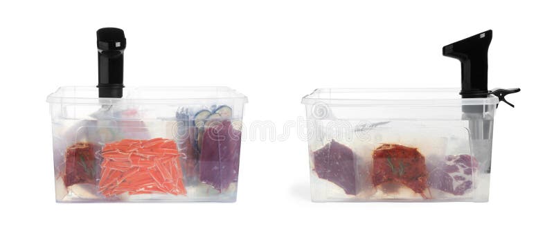 Collage of Sous Vide Cooker and Vacuum Packed Meat in Container ...