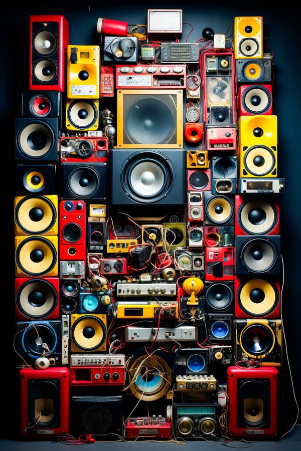 Collage of Speakers and Other Electronic Equipment on Black Background ...