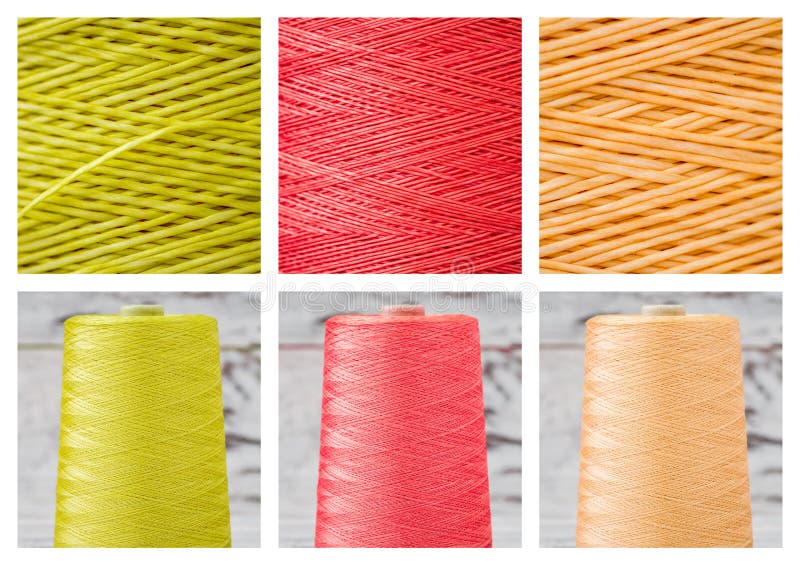 Collage from Spools and Close Ups of Synthetic Colorful Threads Stock ...