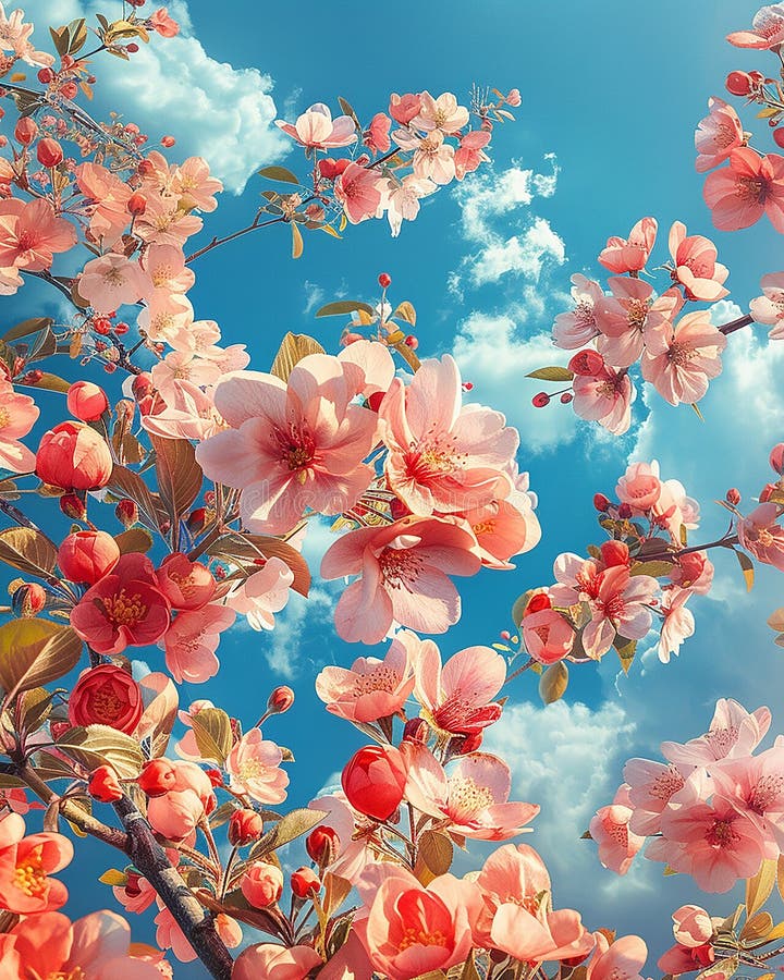 Collage of Spring Flowers Under a Blue Sky. a Collage of Various Spring ...