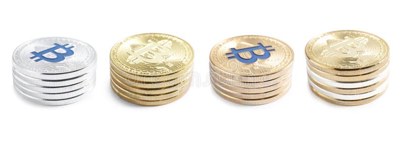 Collage with Stacked Bitcoins on White Background Stock Image - Image ...