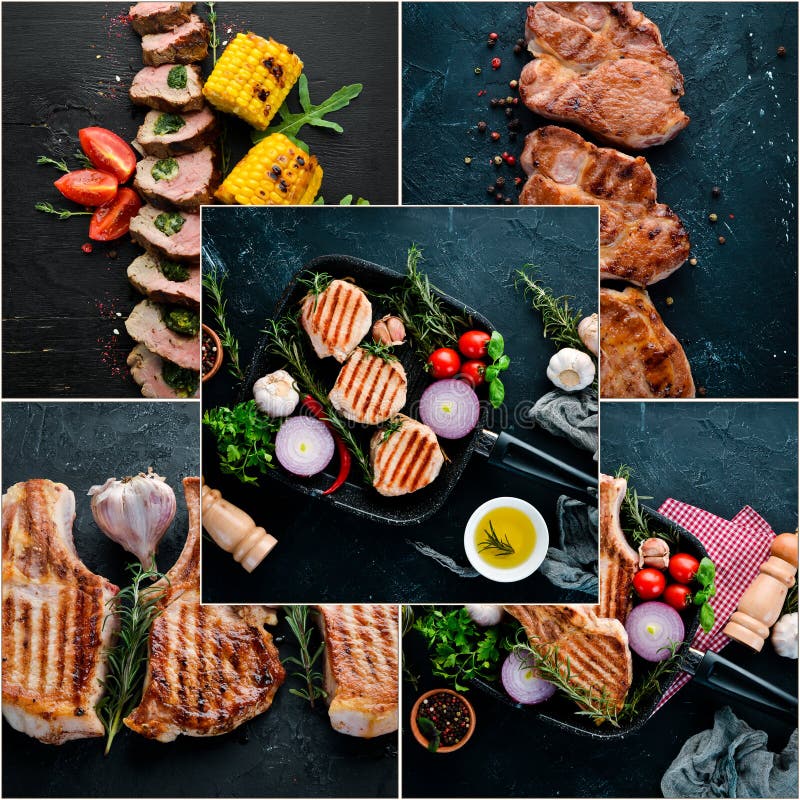 Collage. Steak and Meat on a Black Background Stock Photo - Image of ...