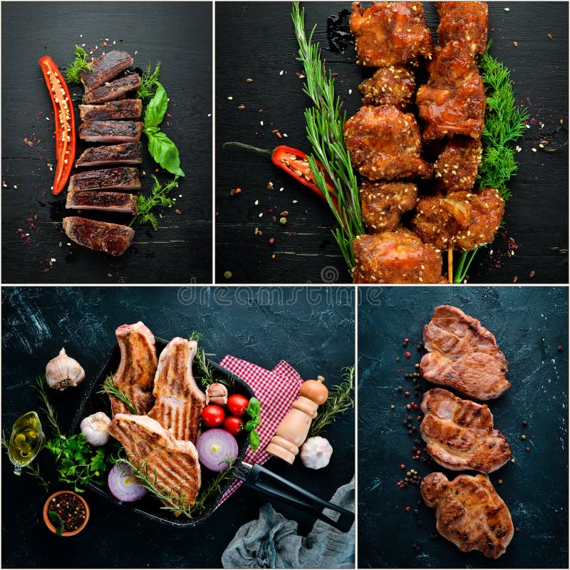 Collage. Steak And Meat On A Black Background Stock Image - Image of ...