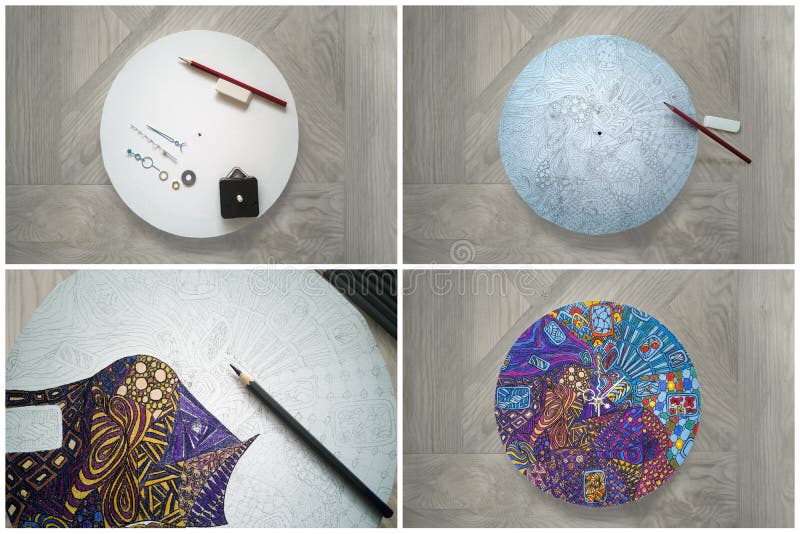 Collage of Step-by-step Instructions for DIY Round Wall Clock on Canvas ...