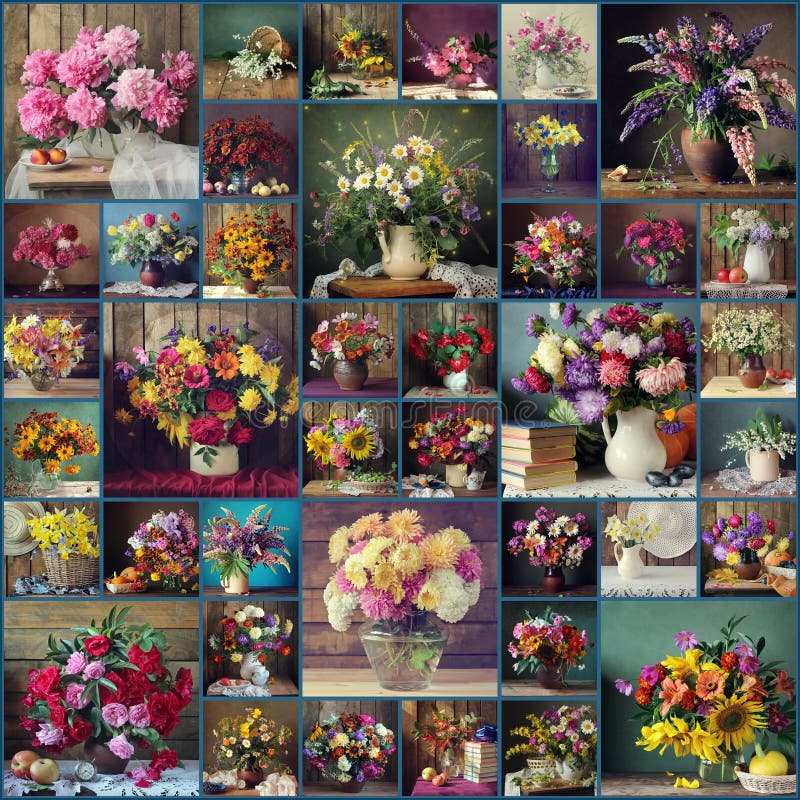 Collage with Bouquets of Flowers. Still Life with a Bouquet in a Stock ...