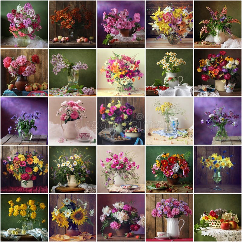 Collage with Bouquets of Flowers. Still Life with a Bouquet in a Stock ...