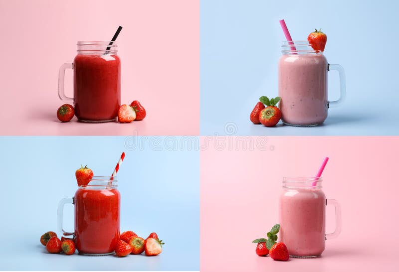Collage with Strawberry Smoothie on Pink and Light Blue Backgrounds ...