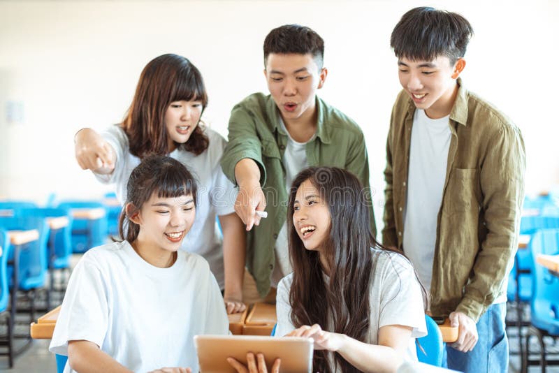 Collage Student Discuss with Classmate in Classroom Stock Photo - Image ...