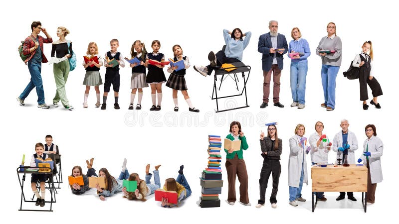 Collage of Students of Different Ages and Educators Standing with Books ...