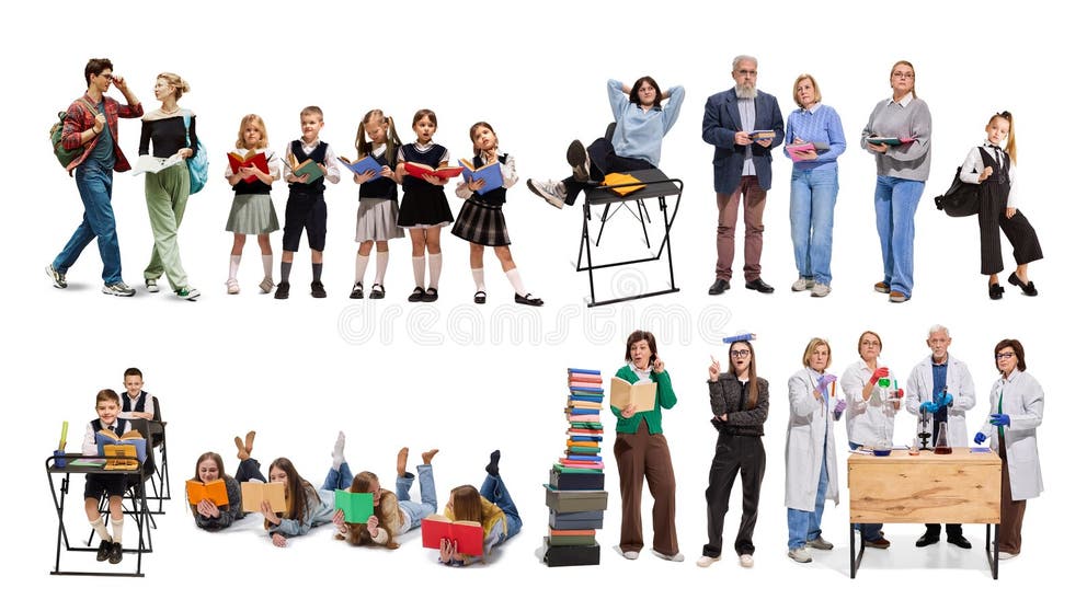 Collage of Students of Different Ages and Educators Standing with Books ...
