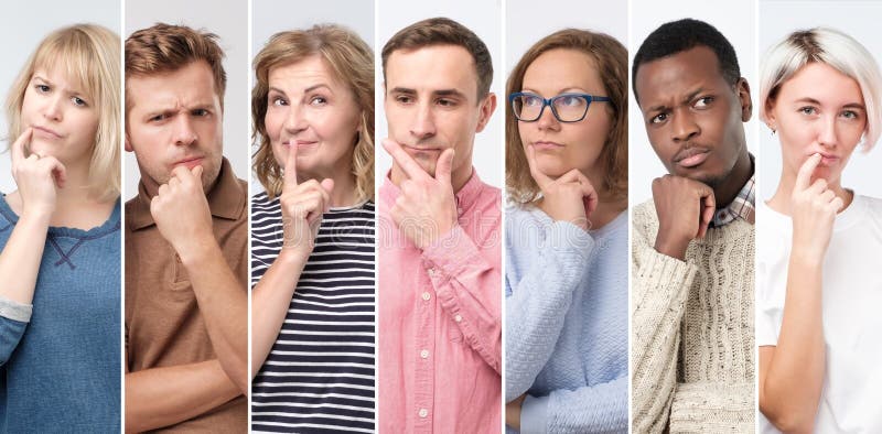 Collage of Studio Portrait People Thinking, Planning, Trying To Make a ...