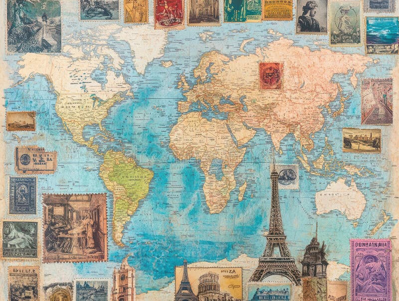 A Collage-style World Map with a Vintage Aesthetic, Featuring ...