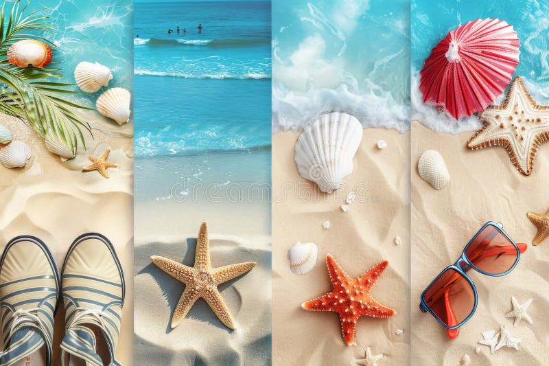 Collage of Summer Beach Scenes with Seashells and Sand. Stock Image ...