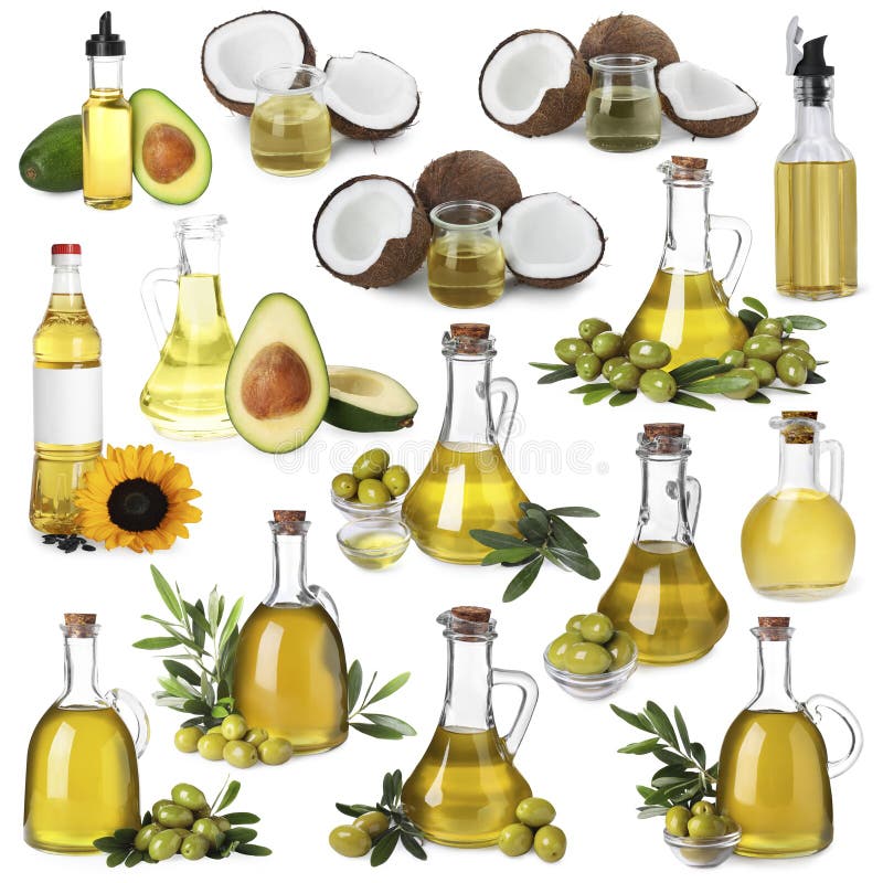 Collage with Sunflower, Avocado, Coconut and Olive Oils Isolated on ...