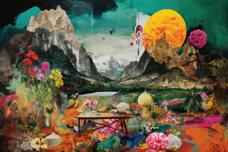 A Collage with a Surrealist Atmosphere, Overflowing with Vibrant Colors ...