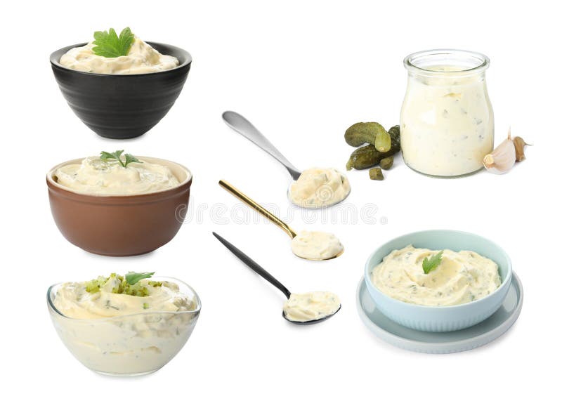 Collage with Tartar Sauce on White Background Stock Image - Image of ...