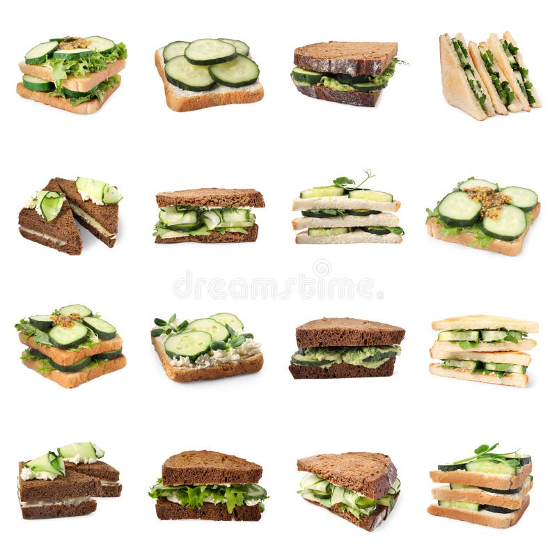 Collage with Tasty Cucumber Sandwiches on White Background Stock Image ...
