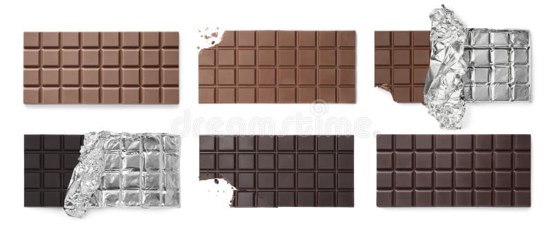 Collage with Tasty Different Chocolate Bars on White Background, Top ...