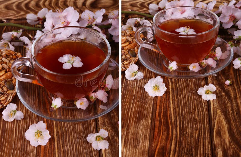 Collage Tea and a Branch of Cherry Blossoms on a Wooden Stock Photo ...