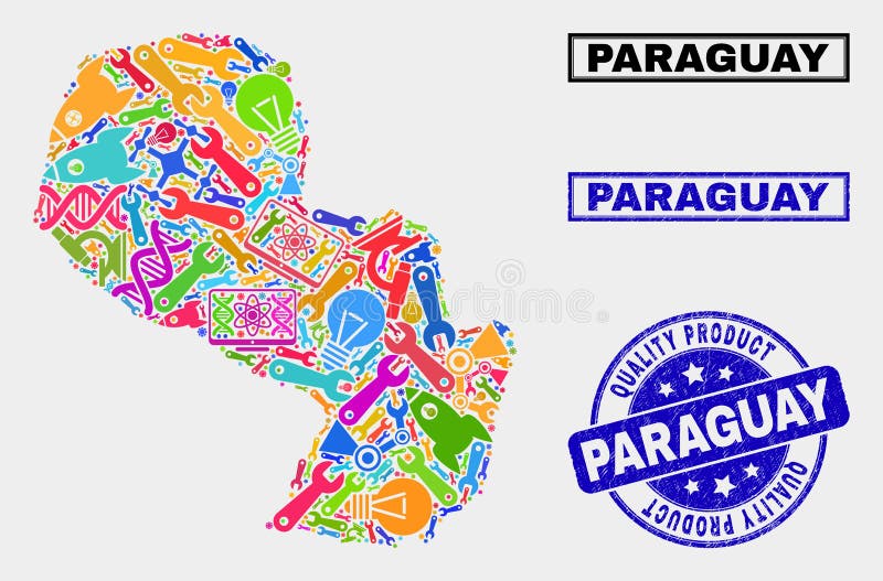 Collage of Technology Paraguay Map and Quality Product Stamp Stock ...