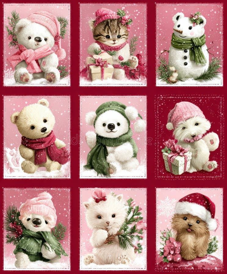 Collage of Teddy Bears Wearing Red and White Christmas Hats on a White ...