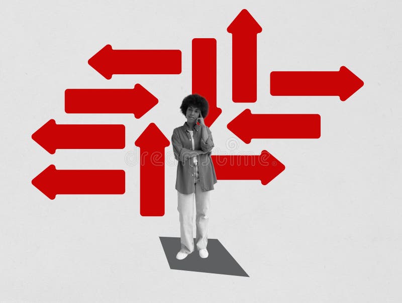 A Collage with Thoughtful Girl and Arrows in Different Directions ...