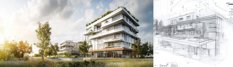 A Collage of Three Drawings of a Building with Trees Behind Stock Photo ...