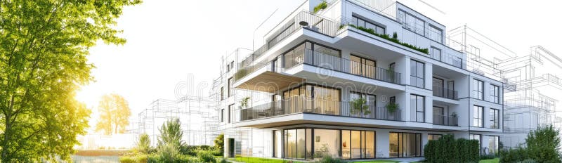 A Collage of Three Drawings of a Building with Trees Behind Stock Image ...