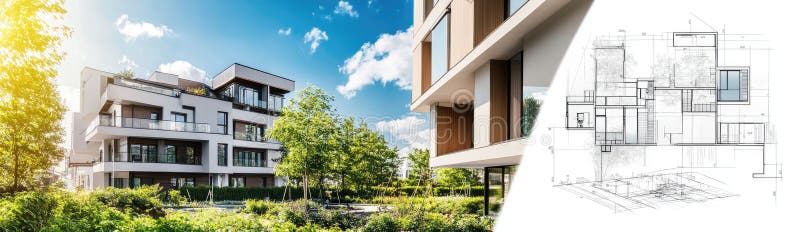 A Collage of Three Drawings of a Building with Trees Behind Stock Photo ...