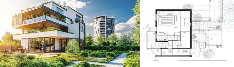 A Collage of Three Drawings of a Building with Trees Behind Stock Photo ...