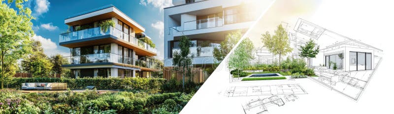 A Collage of Three Drawings of a Building with Trees Behind Stock Image ...