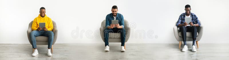Collage with Three Happy Young Men Relaxing in Chairs with Digital ...