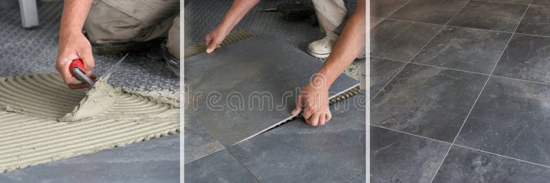Collage of a Tiler Laying Floor Tiles, Banner Format Stock Image ...