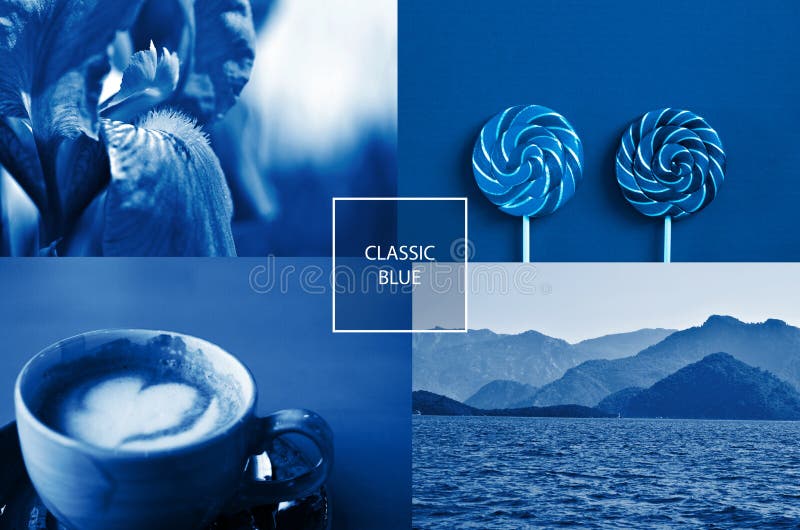 Collage Toned in Trendy Classic Blue Color of the Year 2020. Editorial ...