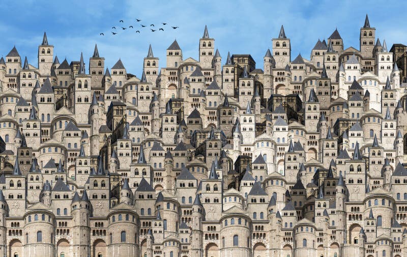 Collage with the Towers of the Old Castle and an Airplane in the Sky ...