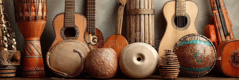 Collage of Traditional Hispanic Instruments Featuring Guitars, Drums, and Other Cultural Musical ...