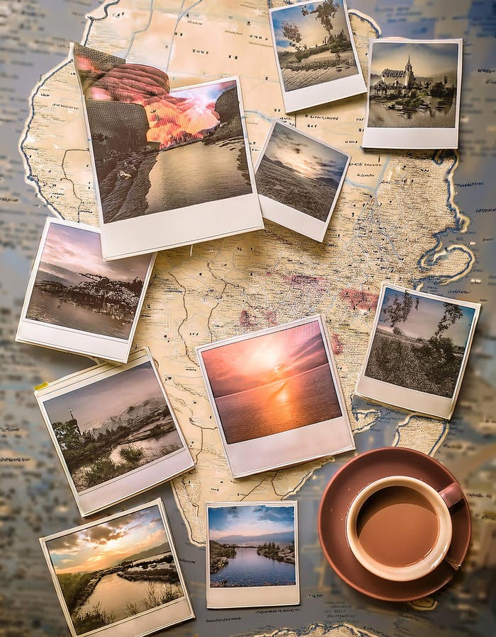 A Collage of Travel Photos on a Map with a Coffee Cup Stock ...