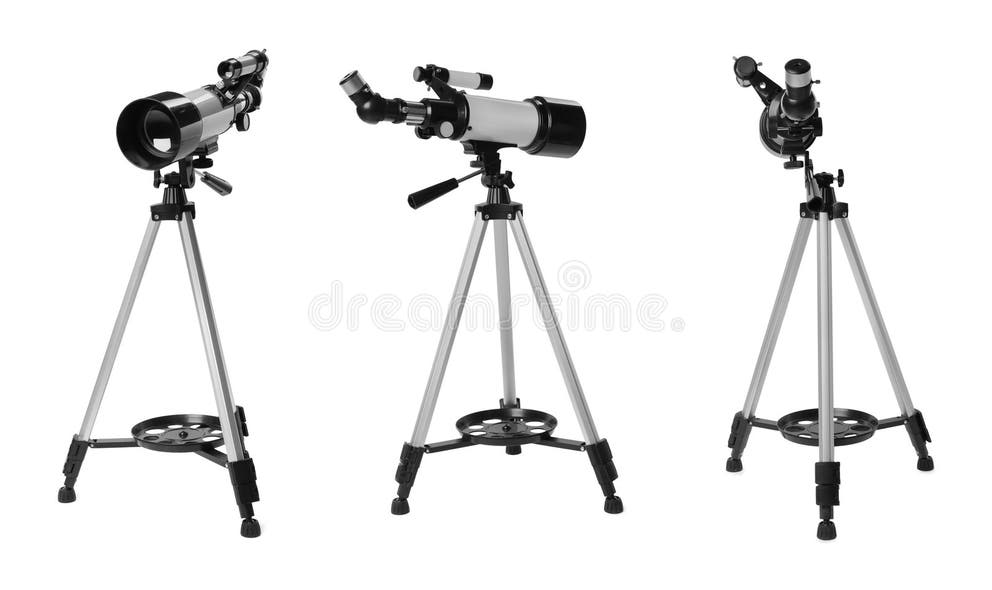 Collage of Tripod with Modern Telescope on White Background, Views from ...