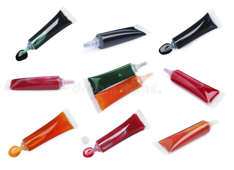 Collage of Tubes with Different Food Coloring Isolated on White Stock ...