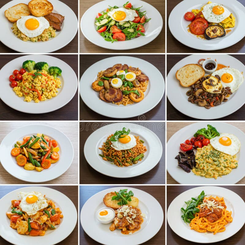 A Collage of Twelve Dishes, Each Featuring Unique Combinations of Fried ...