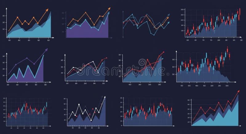 A Collage of Twelve Line Graphs on a Dark Blue Background. Each Graph ...