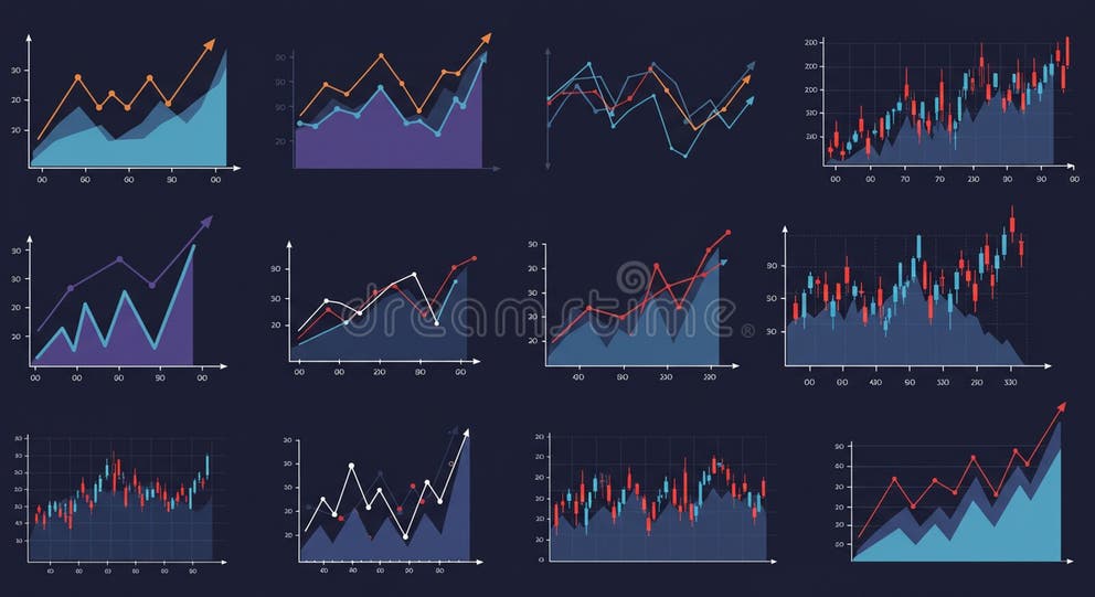 A Collage of Twelve Line Graphs on a Dark Blue Background. Each Graph ...