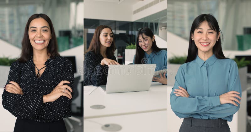 Collage of Two Multiethnic Businesswomen Posing and Collaborating in ...