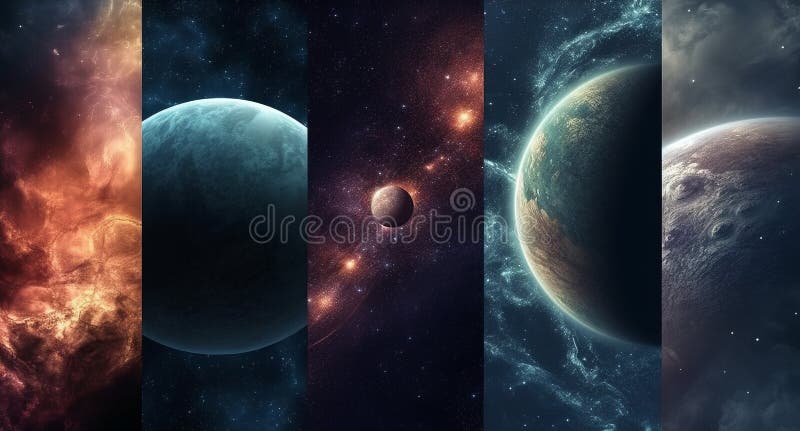 Collage of Universe Scenes with Planets, Stars and Galaxies in Outer ...