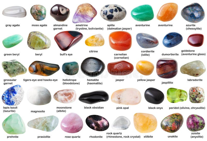 Collage Van Diverse Getuimelde Halfedelstenen Met Namen Stock Foto ...