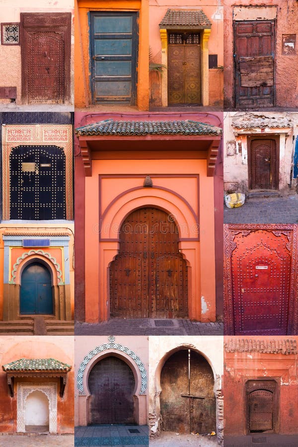 Collage Van Oude Deuren Van Marrakech Stock Afbeelding - Image of rood ...