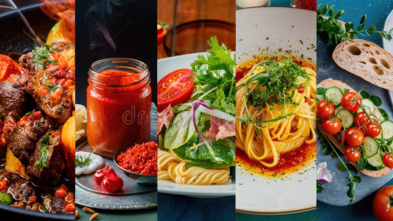 A Collage of a Variety of Food Items on Plates and in Bowls, AI Stock ...
