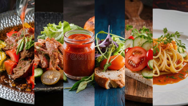 A Collage of a Variety of Food Items on Plates and in Jars, AI Stock ...