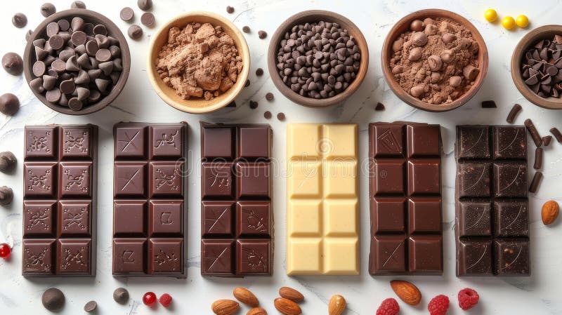 Collage of Various Chocolate Bars with Ingredients on White Background ...