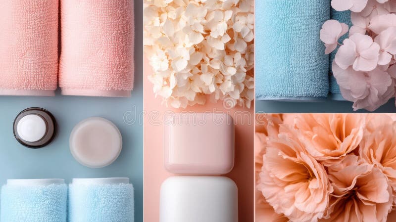 A Collage of Various Colored Towels and Soap Dispensers with Flowers ...